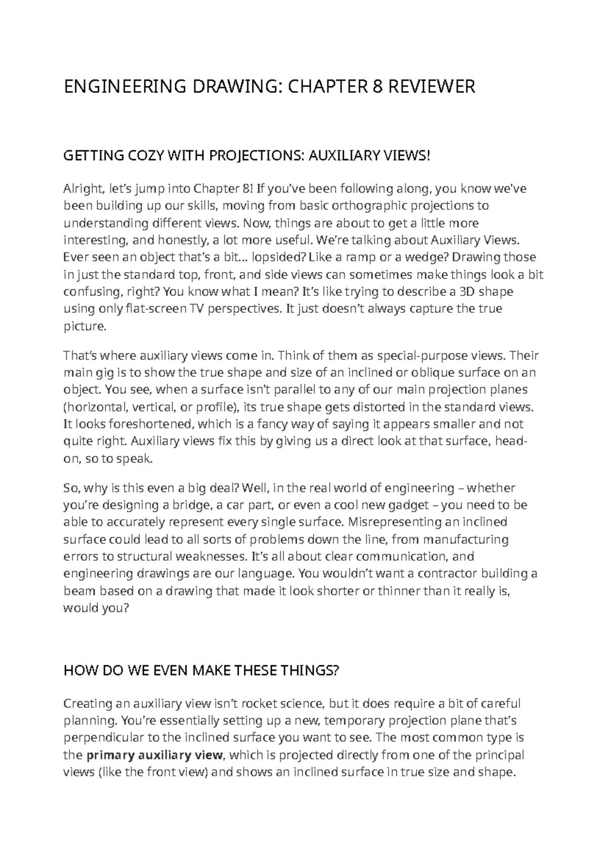 ENGR 101: Chapter 8 Reviewer on Auxiliary Views in Engineering Drawing ...