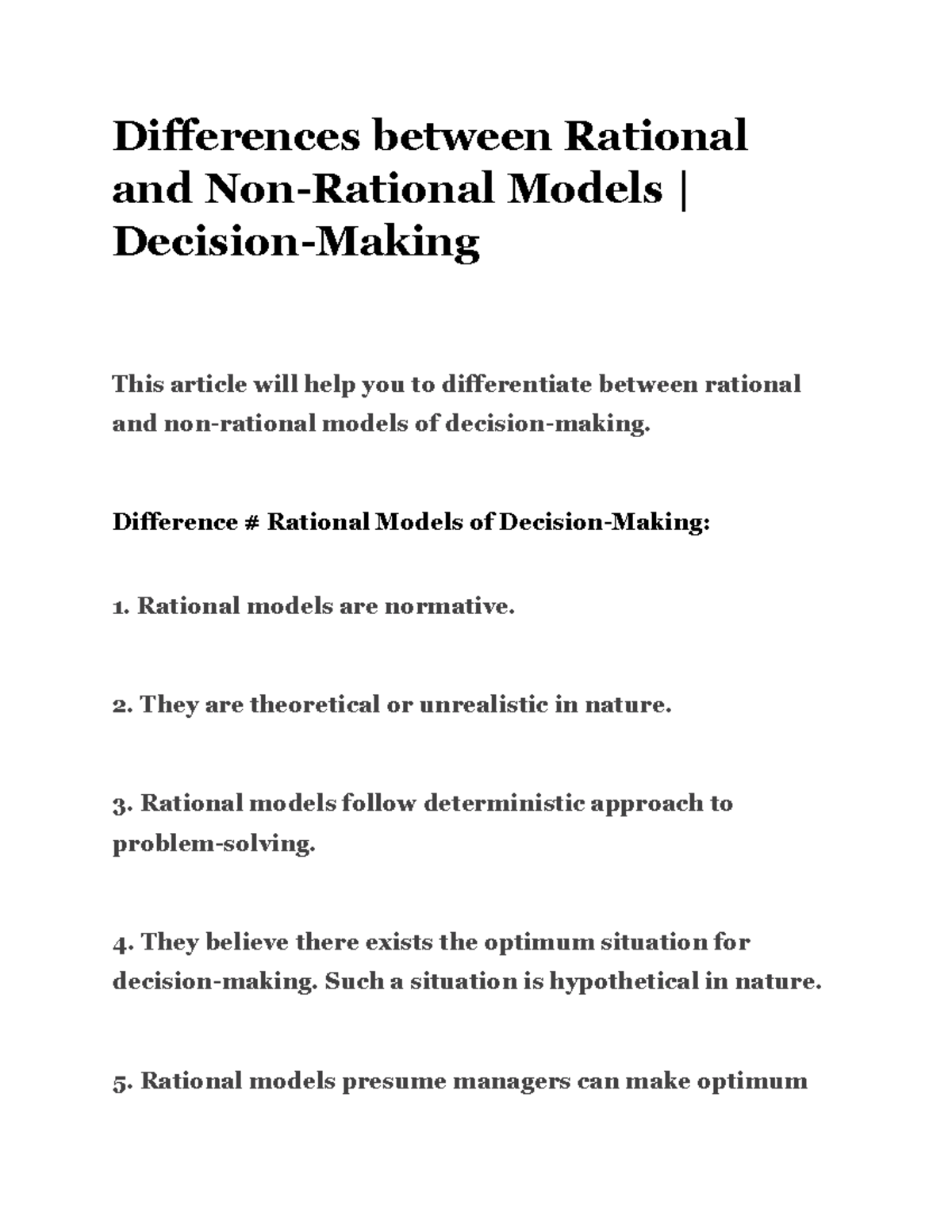 Comparative Analysis of Rational vs Non-Rational Models in Decision ...