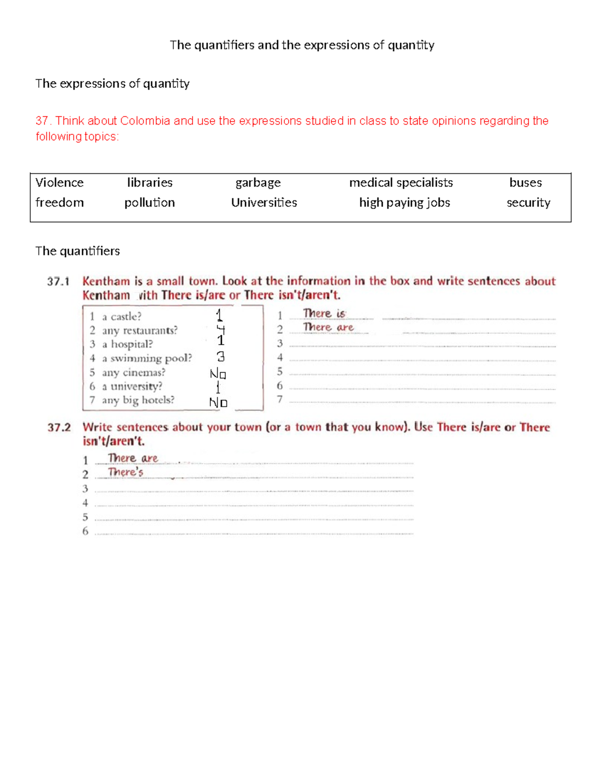 Quantifiers and Expressions of Quantity Worksheet 1 - Studocu