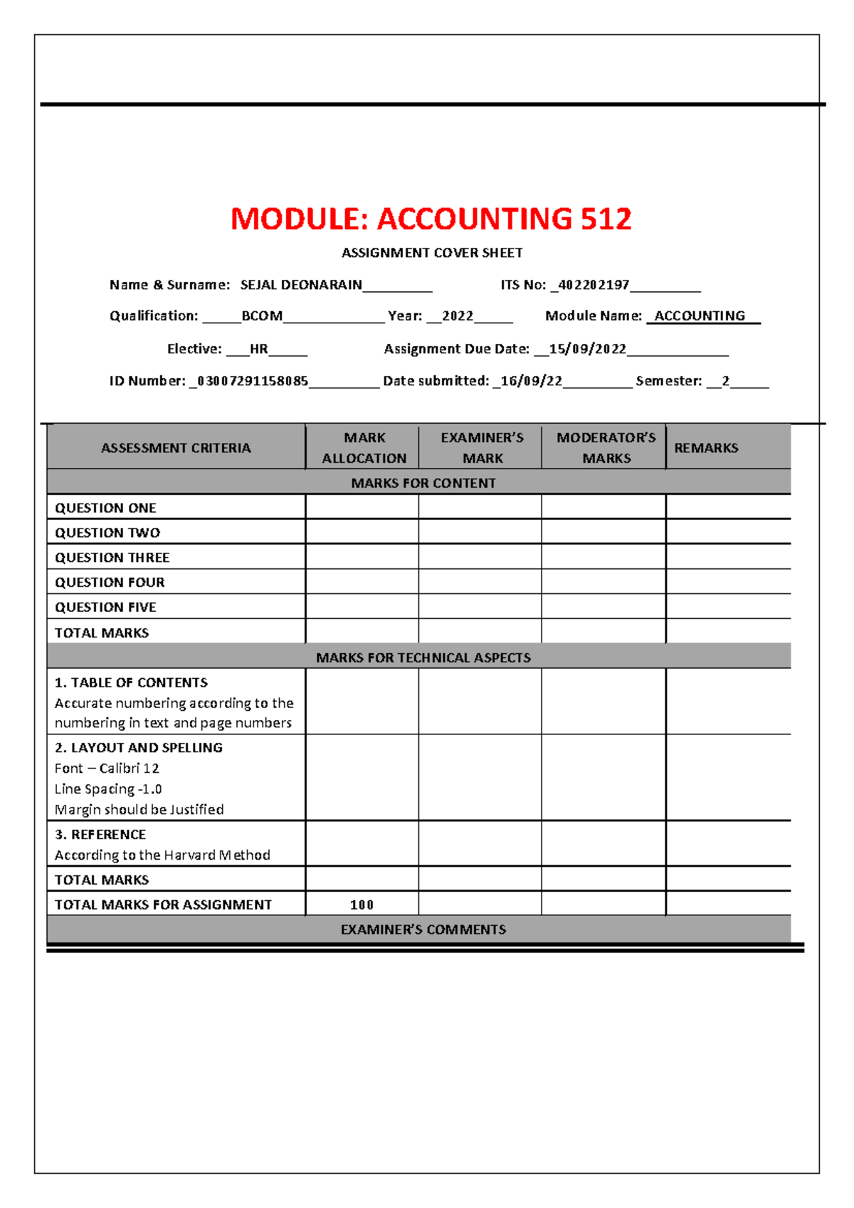 Accounting 512 - Assignment Cover Sheet and Key Assessment Criteria ...