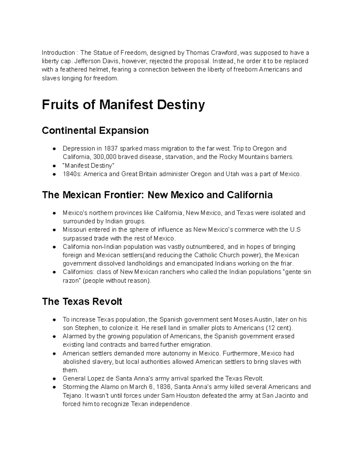 Lecture Notes: Manifest Destiny and the Mexican War - Studocu