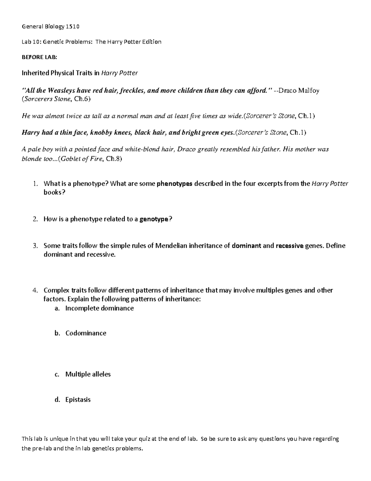 Lab 10 Genetic Problems The Harry Potter Edition - General Biology 1510 ...