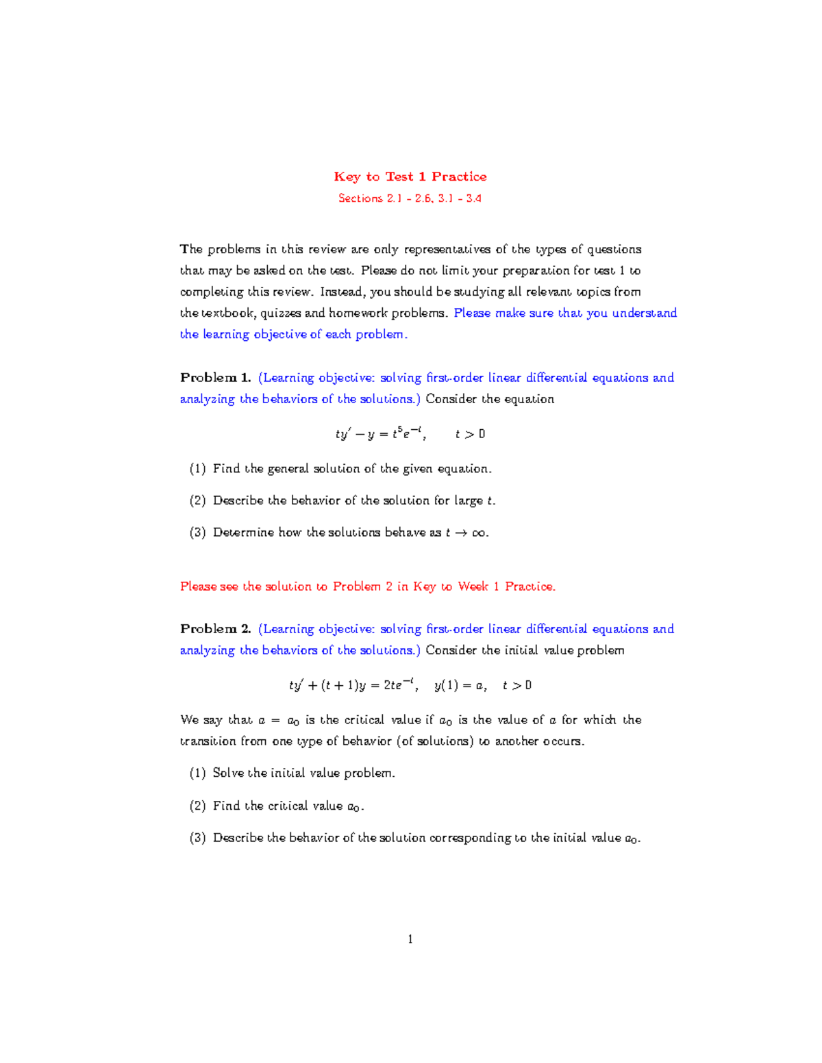 Test 1 Practice Key (2026SS): Solutions to Differential Equations - Studocu
