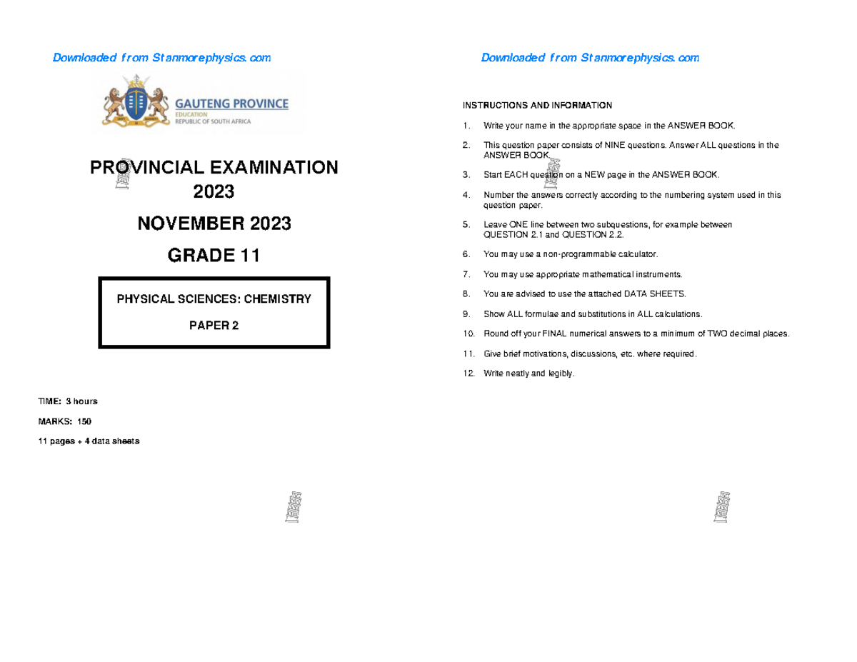 Grade 11 Physics P2 Provincial Exam November 2023 - Chemistry - Studocu