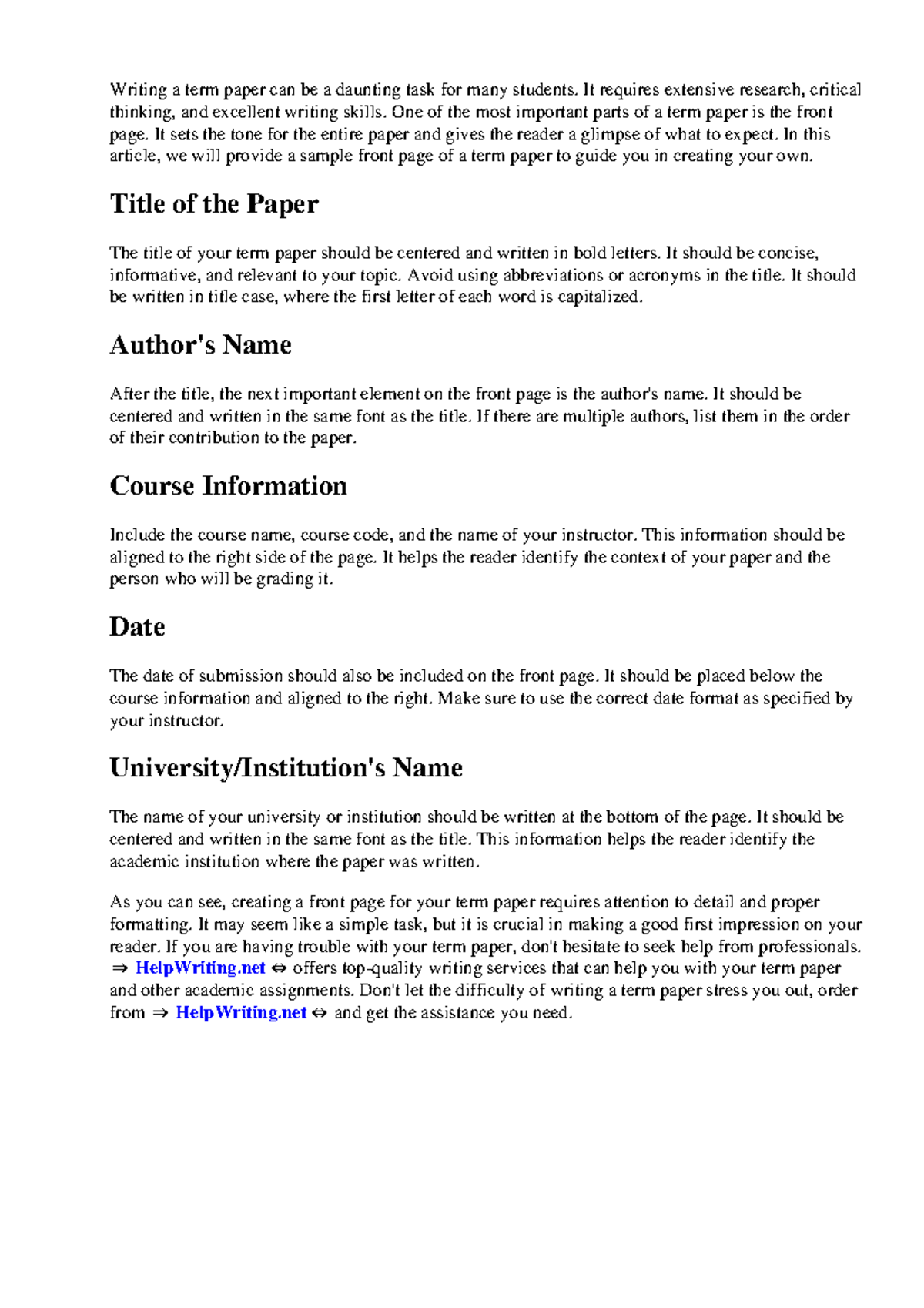 Sample Term Paper Front Page Guide (Course Code Included) - Studocu
