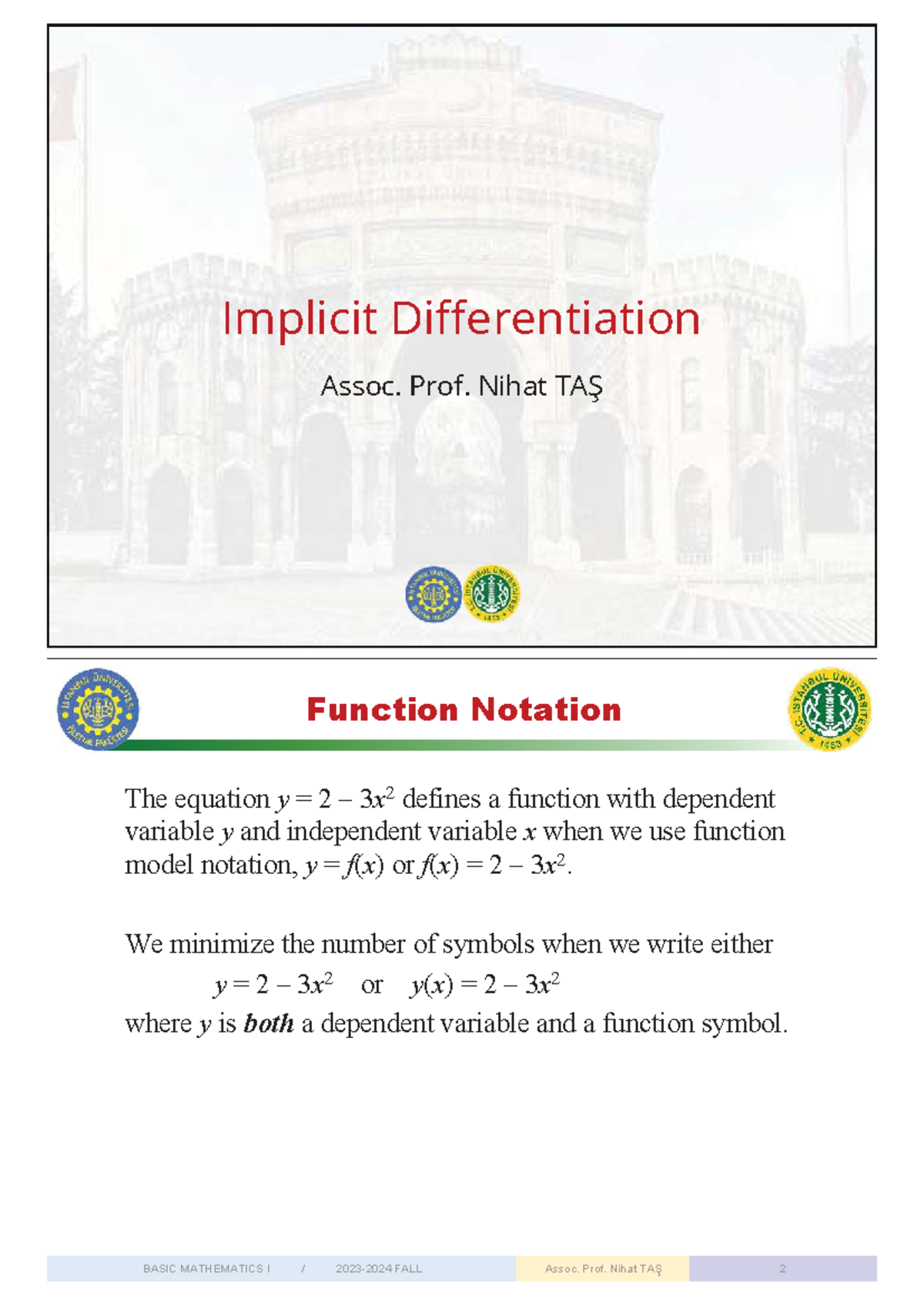 BASIC MATHEMATICS I FALL: Implicit Differentiation and Function ...