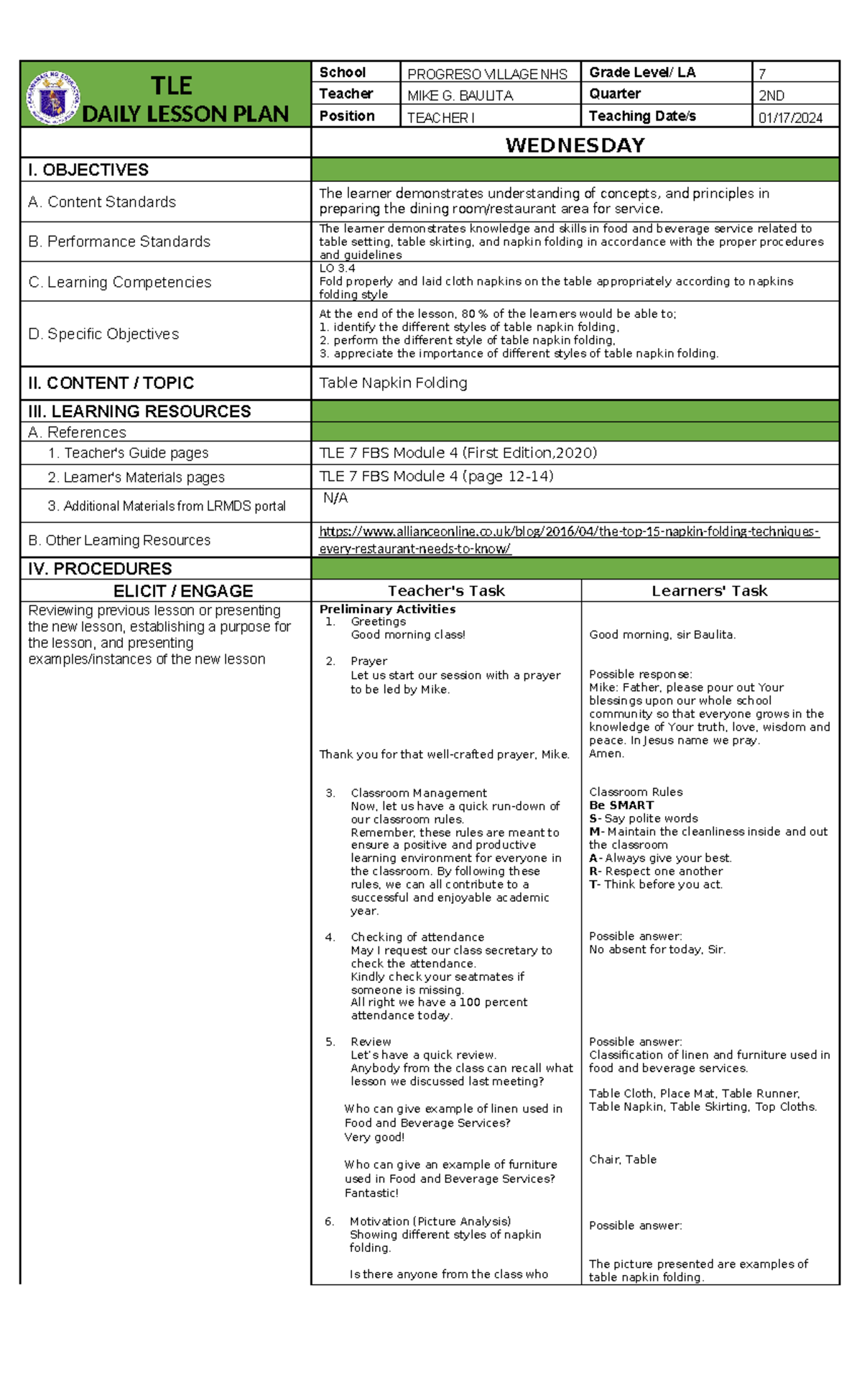 TLE 7 FBS: Lesson Plan on Table Napkin Folding Techniques - Studocu