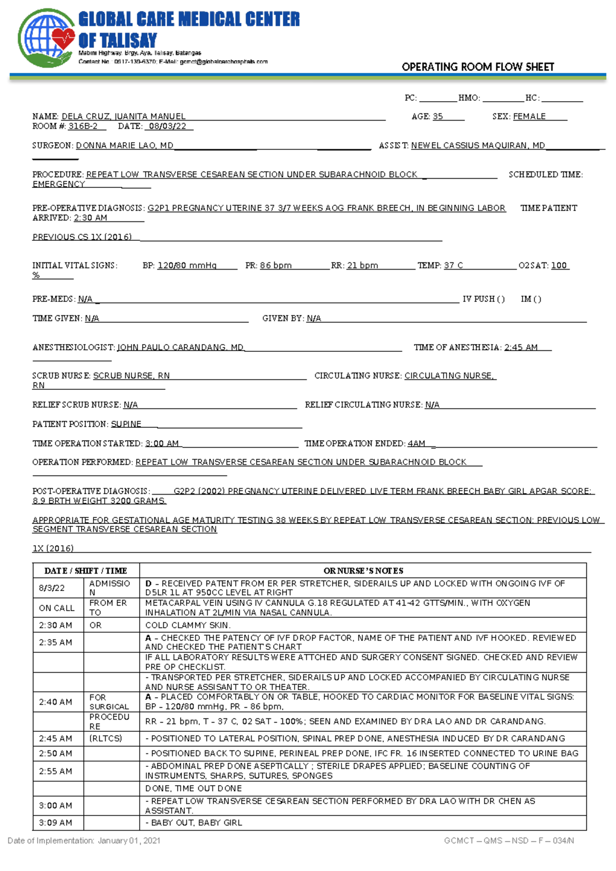 Operating Room Flow Sheet for Repeat Cesarean Section (FDAR) - Studocu