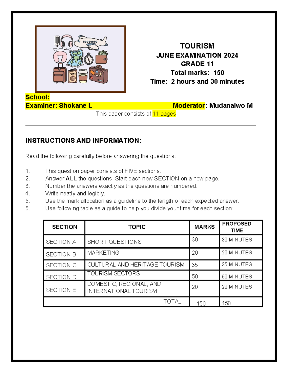 Grade 11 Tourism JUNE EXAM 2024 - Comprehensive Question Paper - Studocu
