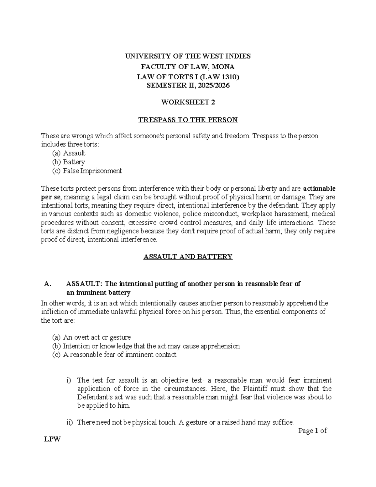 LAW 1310 - Tort Law Worksheet 2: Trespass to the Person (2026) - Studocu