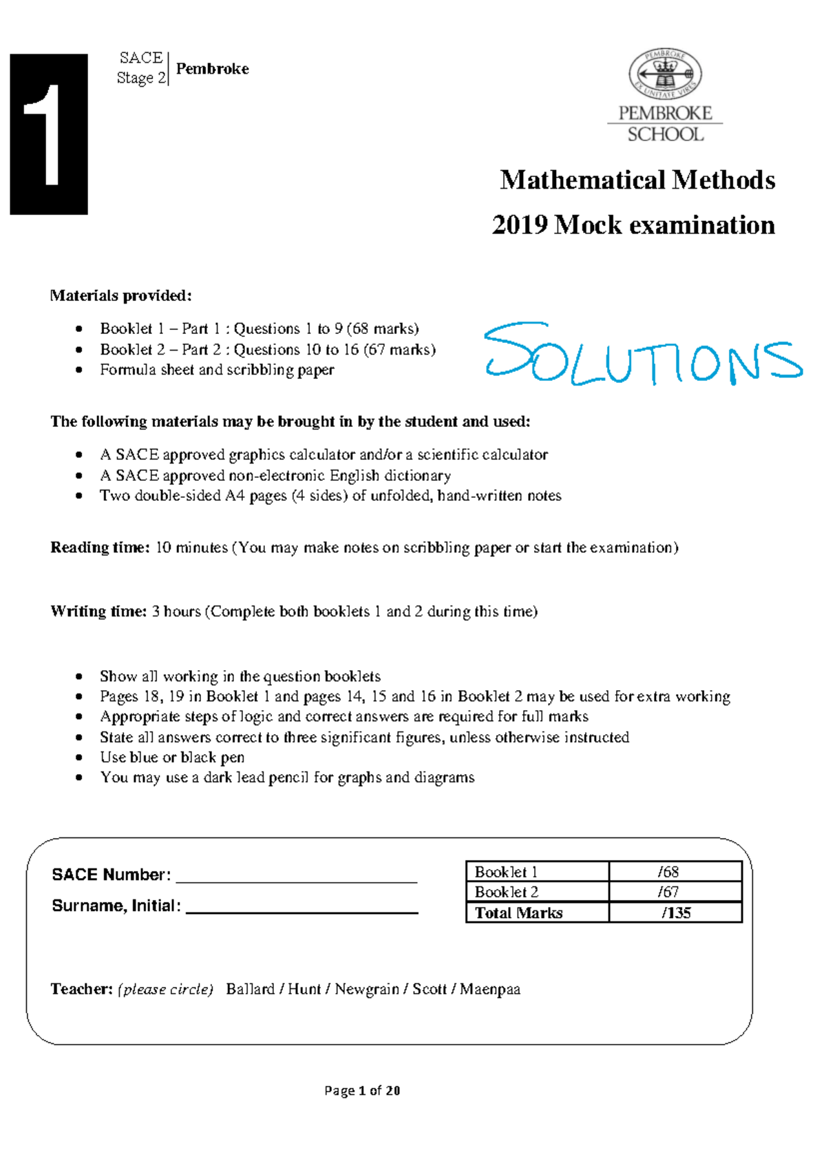 2019 SACE Stage 2 Mathematical Methods Mock Exam Booklet 1 Solutions ...