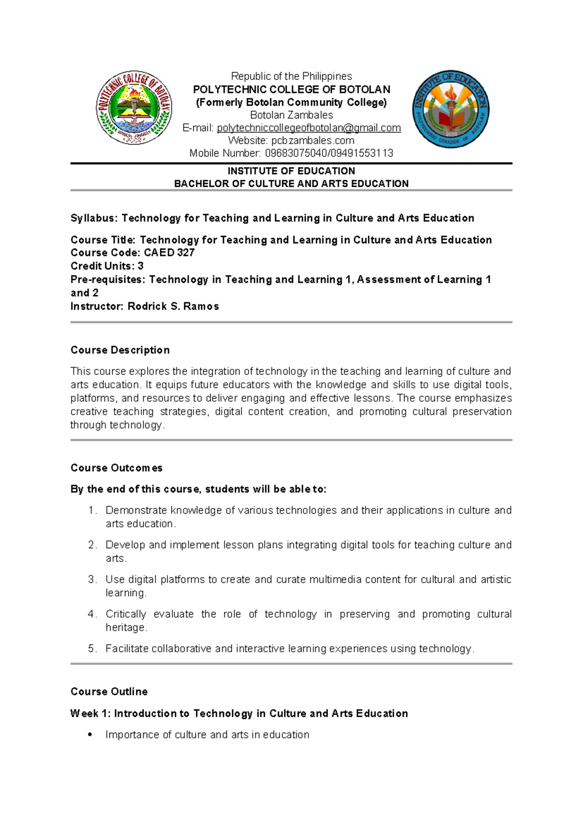 CAED 327 - CAED 327 - Republic of the Philippines POLYTECHNIC COLLEGE ...