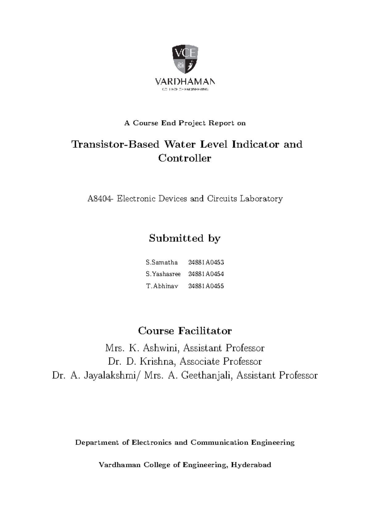 ECE 24881A0453 Water Level Indicator & Controller Project Report - Studocu
