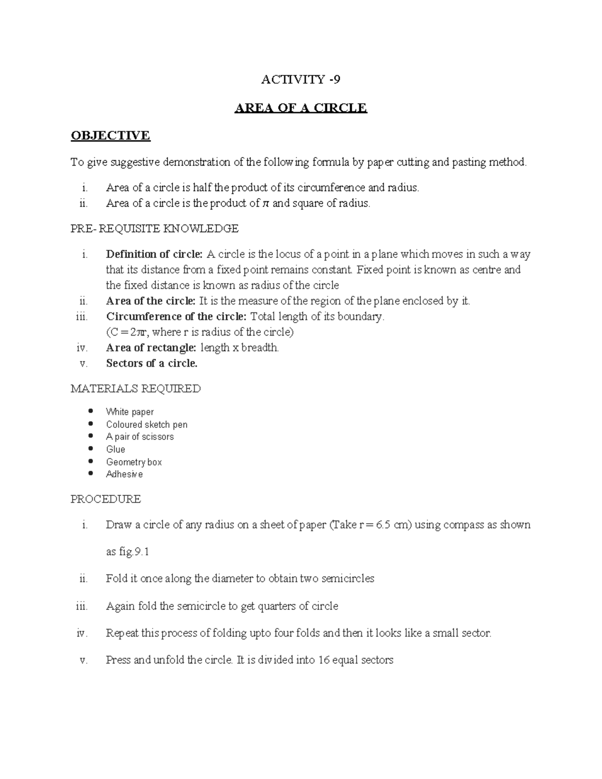 Activity 9 - Mathematics Worksheet: Area of a Circle Demonstration ...