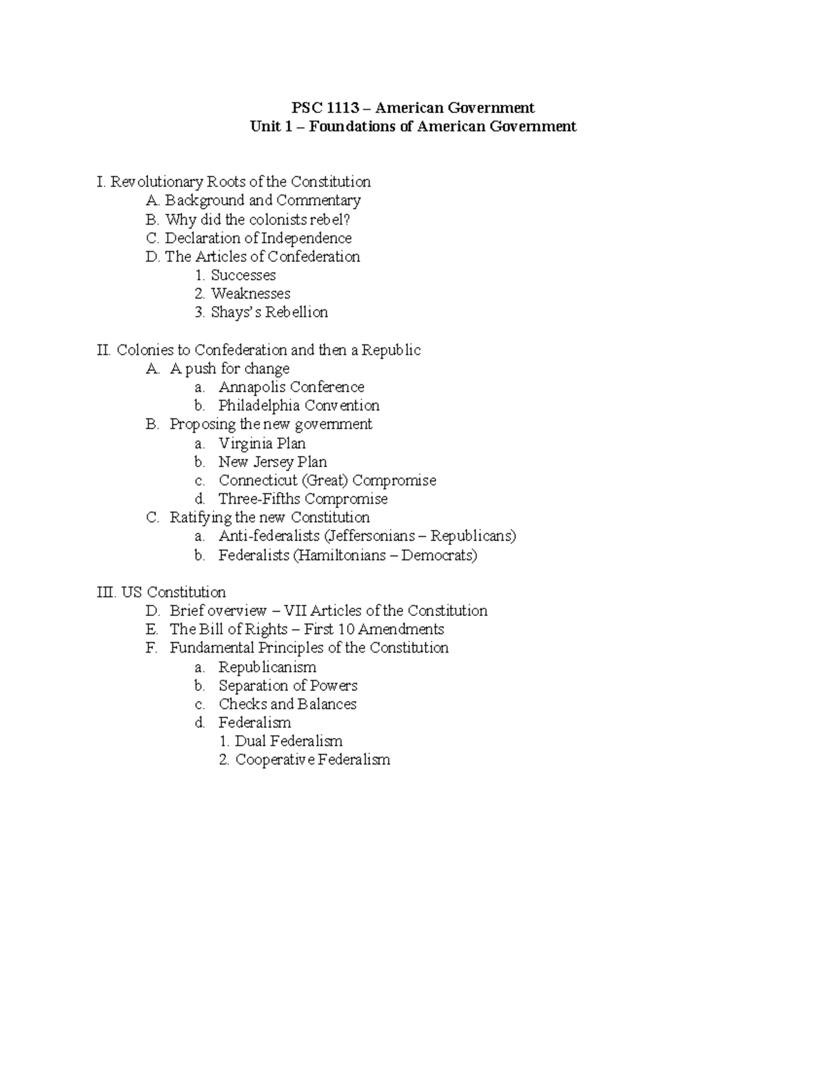 PSC 1113 American Government - Unit 1: Foundations & Revolutionary ...
