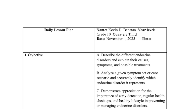 Daily Lesson Plan: Endocrine Disorders - Grade 10 (Q3) - Studocu