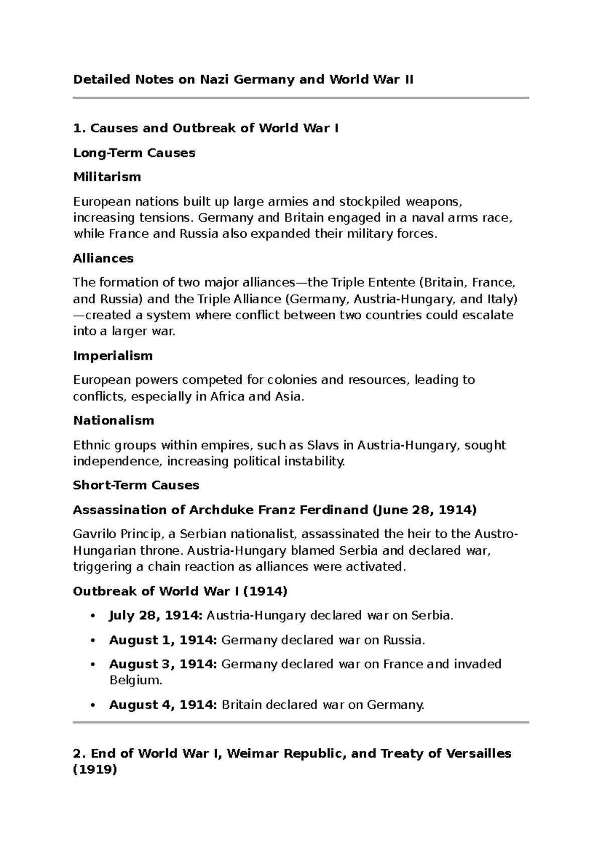 Detailed Notes on Nazi Germany and World War II - Causes and Outbreak ...