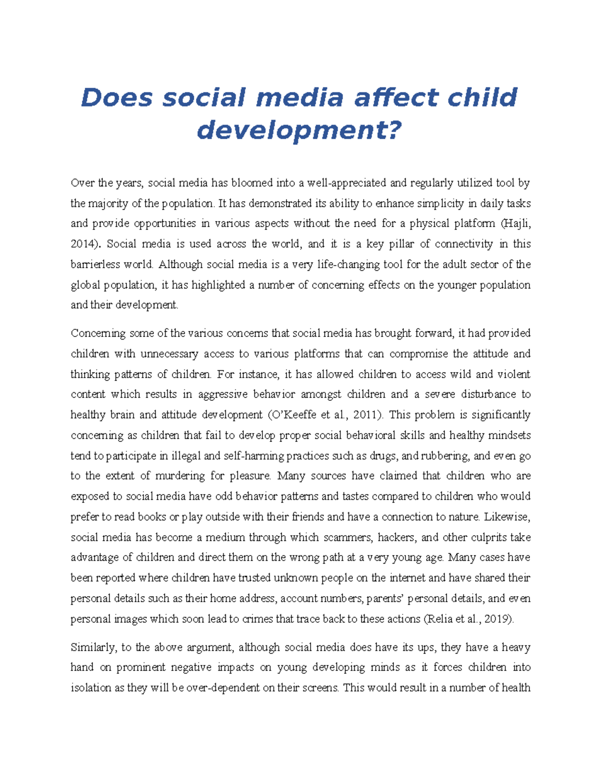 SOC 101: Argumentative Essay Draft on Social Media's Impact on Child ...