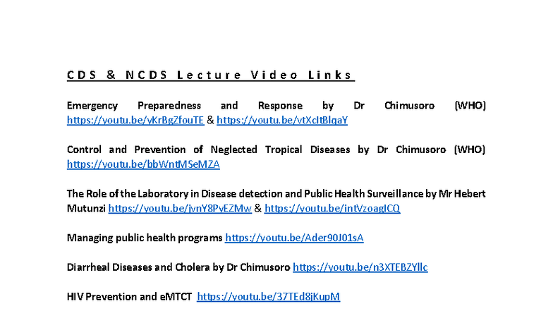 CDS NCDS Lecture Video Links: Emergency Preparedness & Disease Control ...