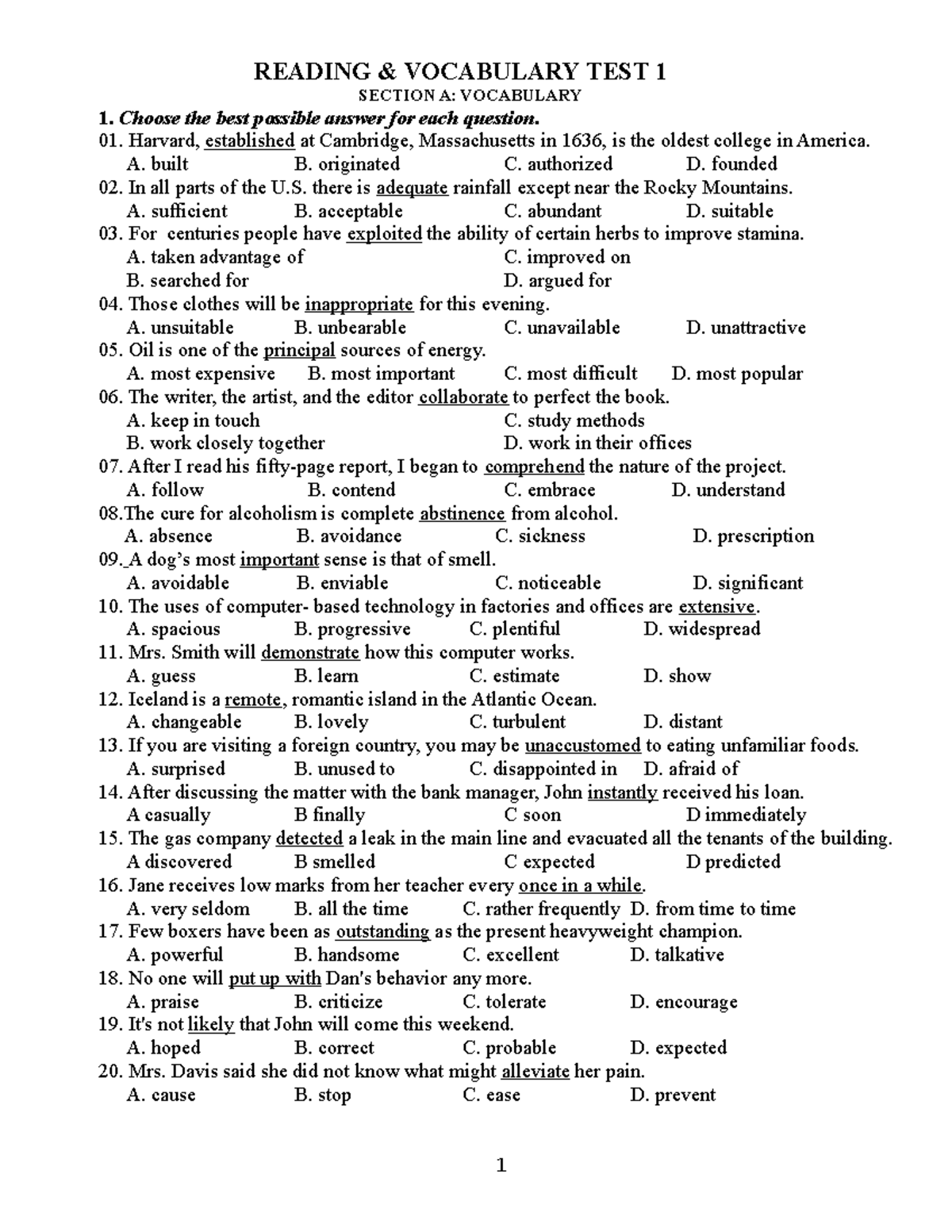 Advanced Reading TEST 1 - READING & VOCABULARY TEST 1 SECTION A ...