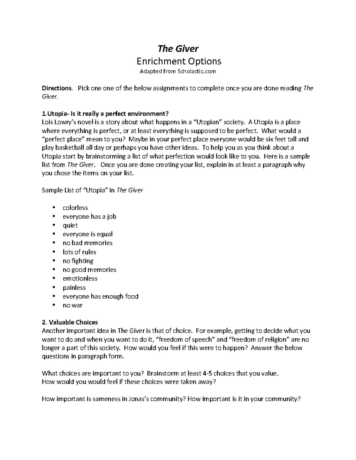 Themes in 'The Giver' - N/A - The Giver Enrichment Options Adapted from ...