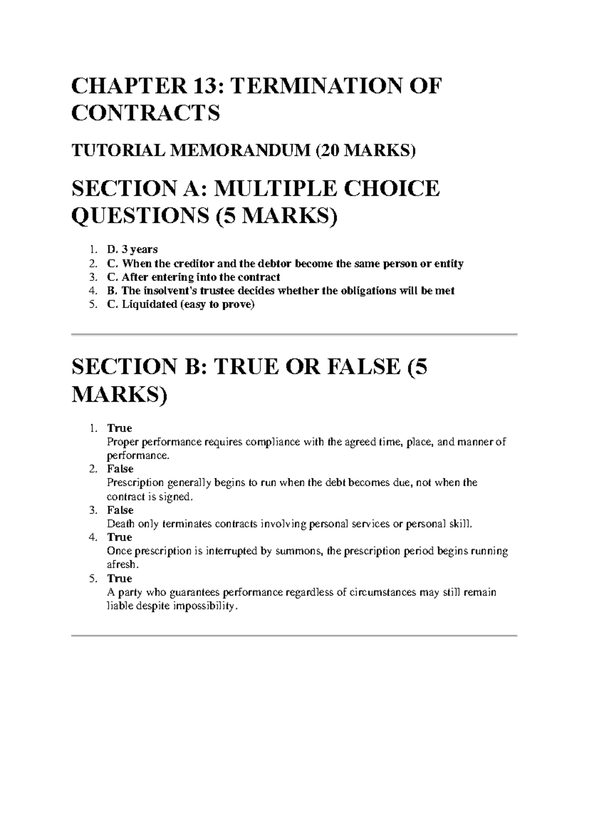 CHAPTER 13C: TERMINATION OF CONTRACTS MODEL ANSWERS (20 MARKS) - Studocu