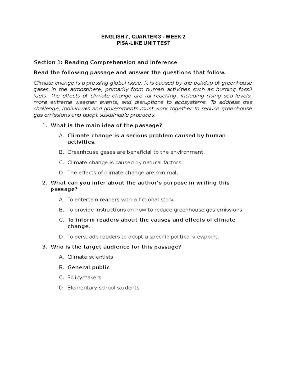 ENGLISH 7 Quarter 3 Week 2 PISA-Like Unit Test MCQs - Studocu