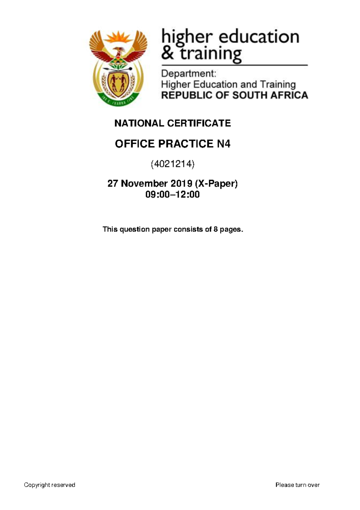 N1250 Office Practice N4 November 2019 Question Paper (X-Paper) - Studocu