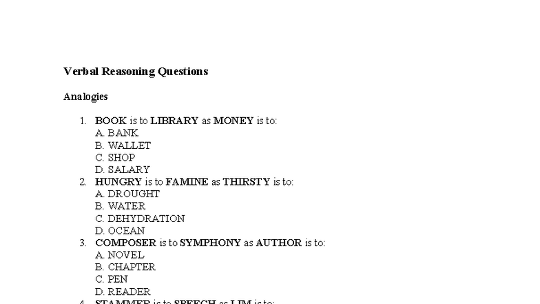 Verbal Reasoning Questions: Analogies & Logical Deduction - Studocu