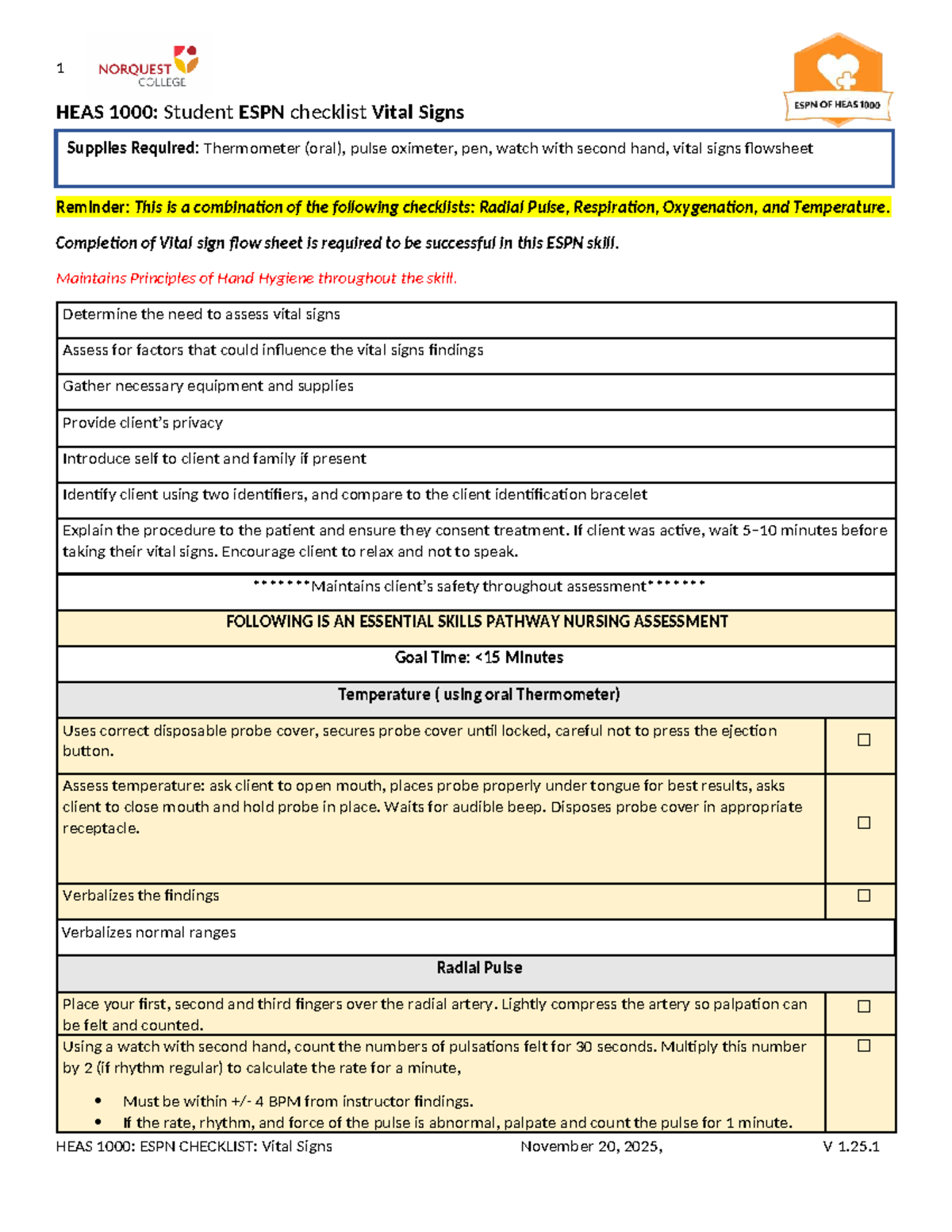 HEAS 1000 ESPN Vital Signs Skill Checklist: Temp, Pulse, Resp, SPO2 ...