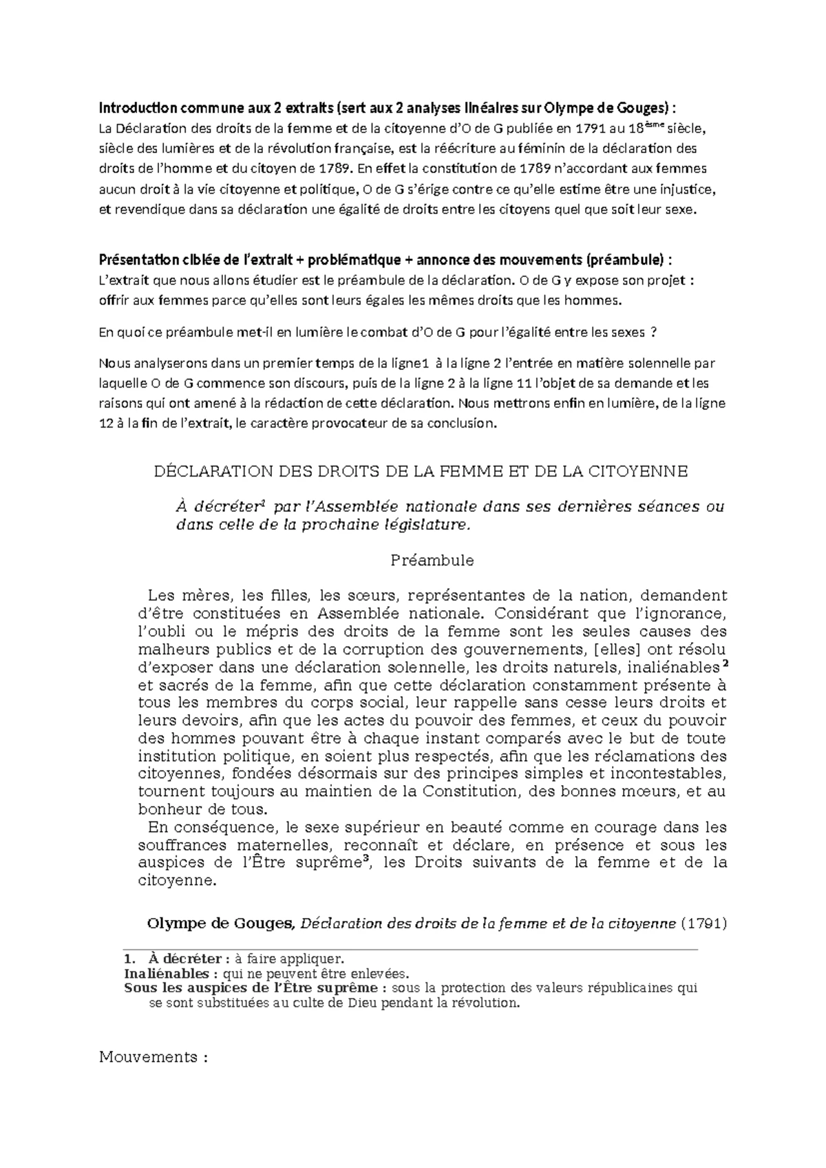 Analyse Linéaire de la Déclaration des Droits de la Femme par Olympe de ...