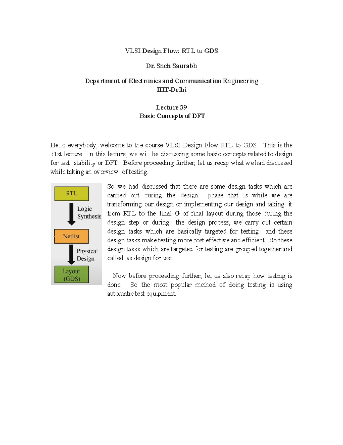 Basic Concepts of DFT in VLSI Design Flow (ECE 301) - Lecture 39 - Studocu