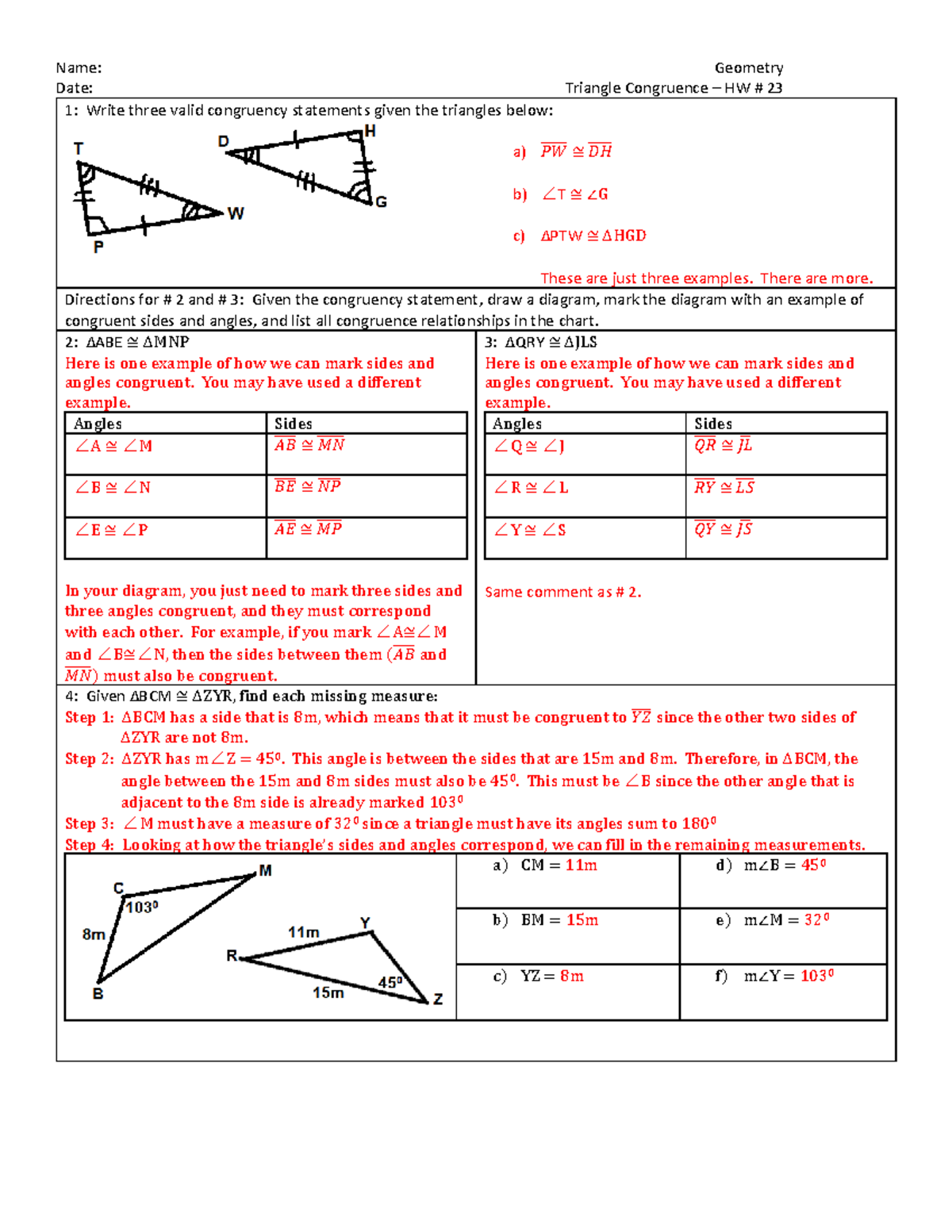 Triangle Congruence - Geometry HW #23 Solutions and Examples - Studocu