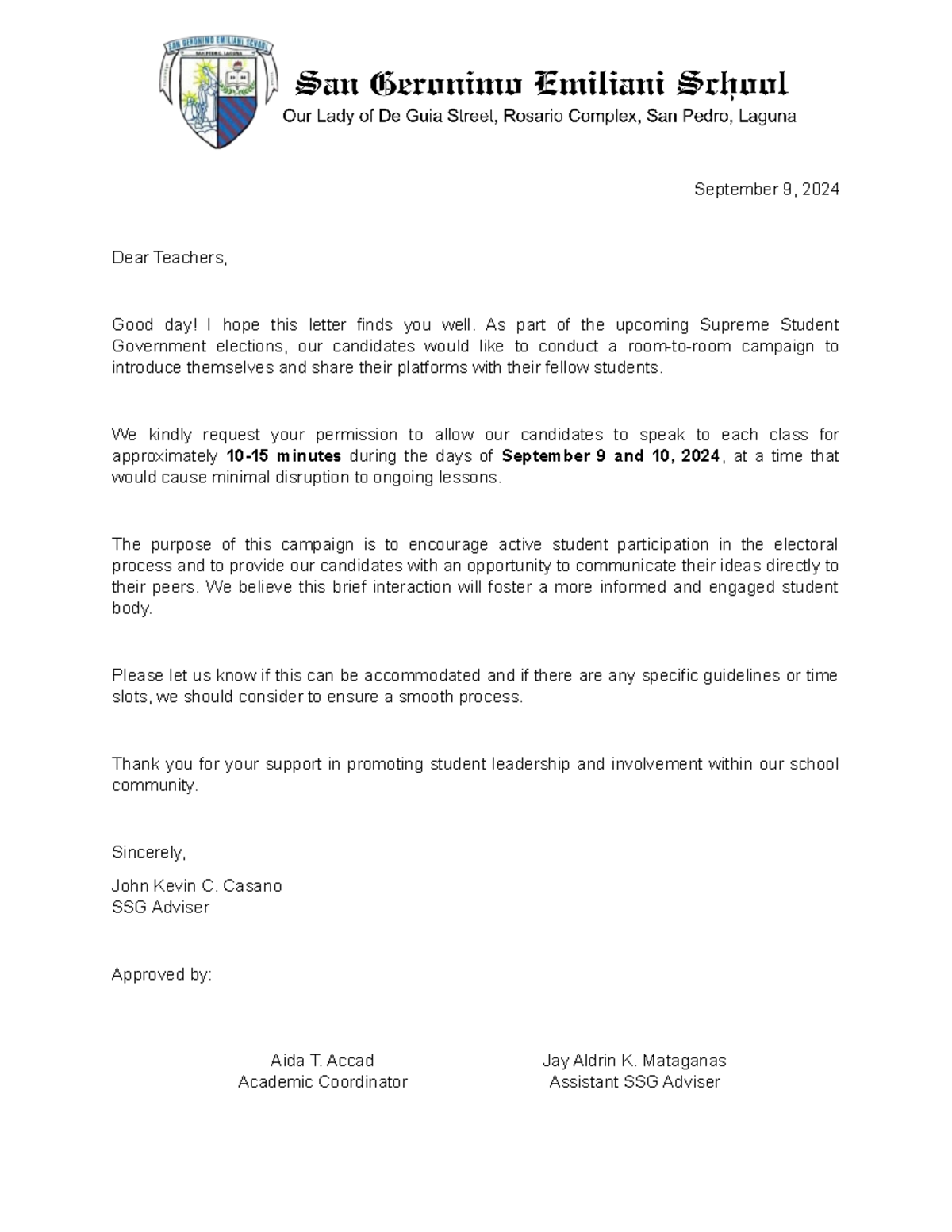 SSG Room-to-Room Campaign Permission Request - Sept 2024 - Studocu