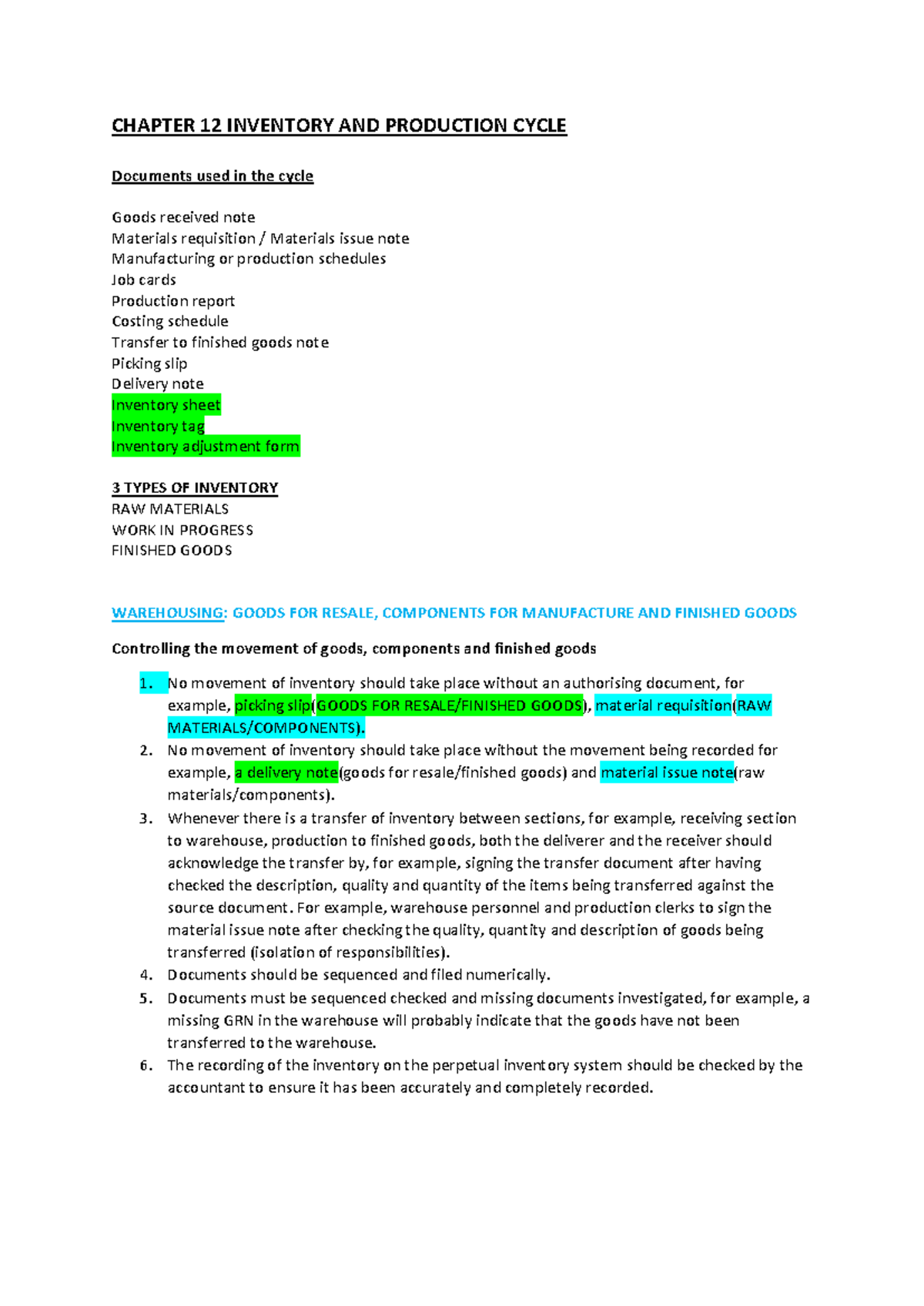 Chapter 12: Inventory & Production Cycle - Key Concepts and Controls - Studocu