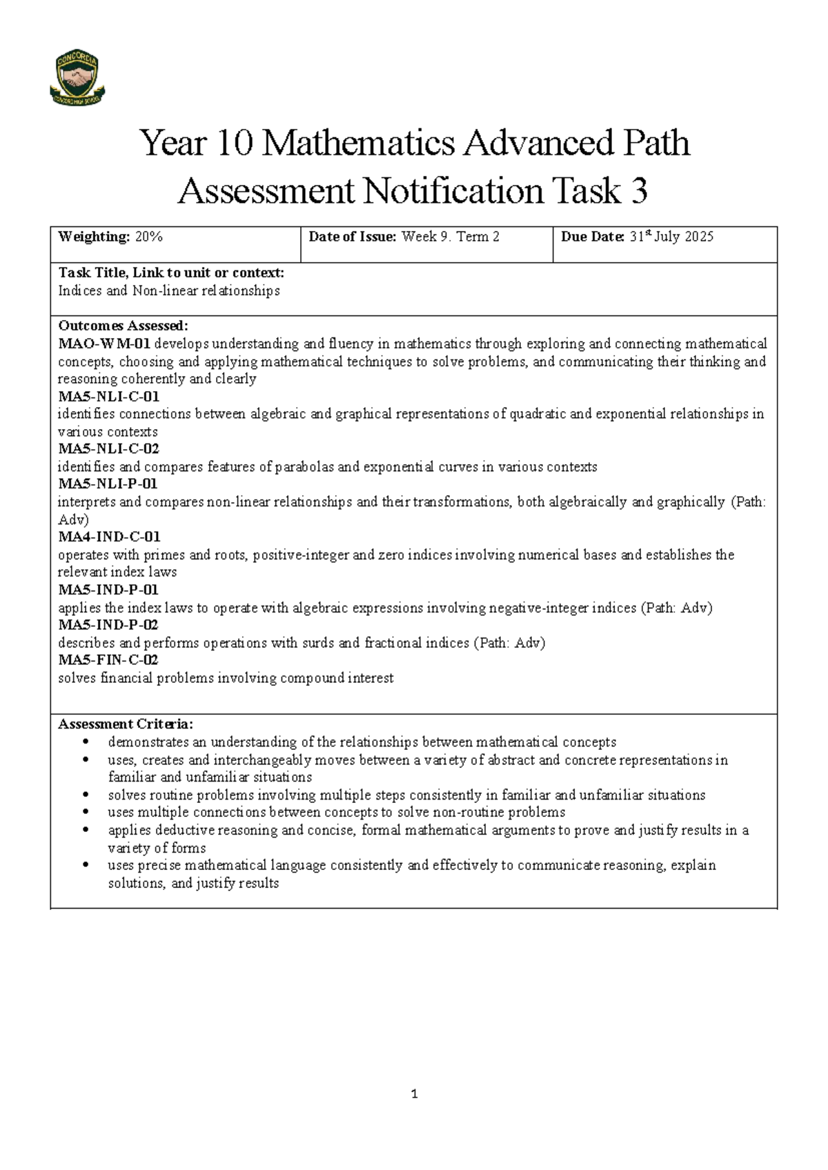 Year 10 Mathematics Advanced Path Assessment: Indices & Relationships ...