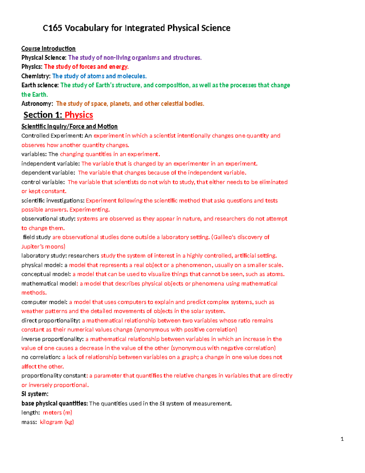 C165 Vocabulary: Key Terms in Integrated Physical Science Concepts ...
