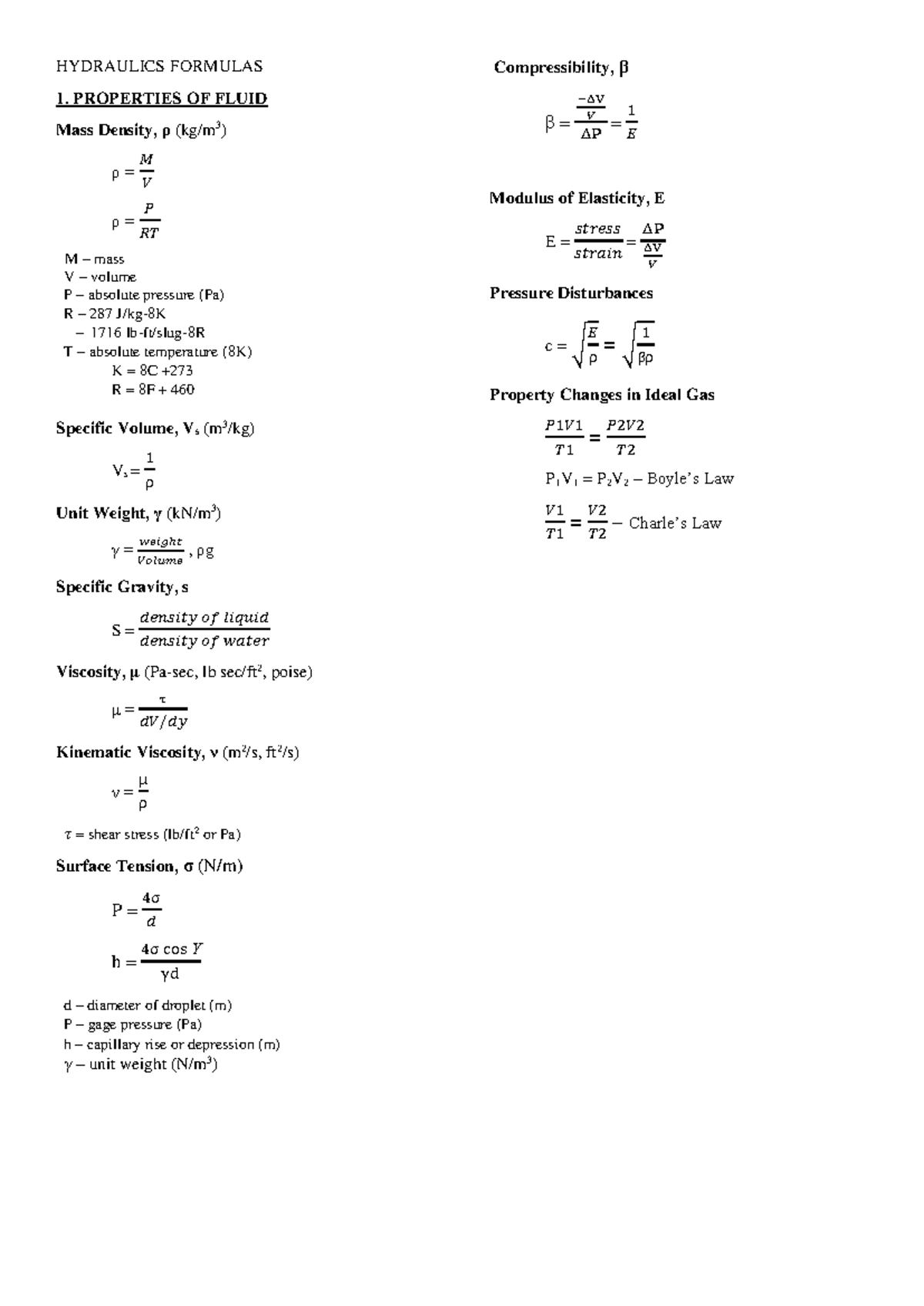 Civil Engineering Hydraulics Formulas and Principles (417247035) - Studocu