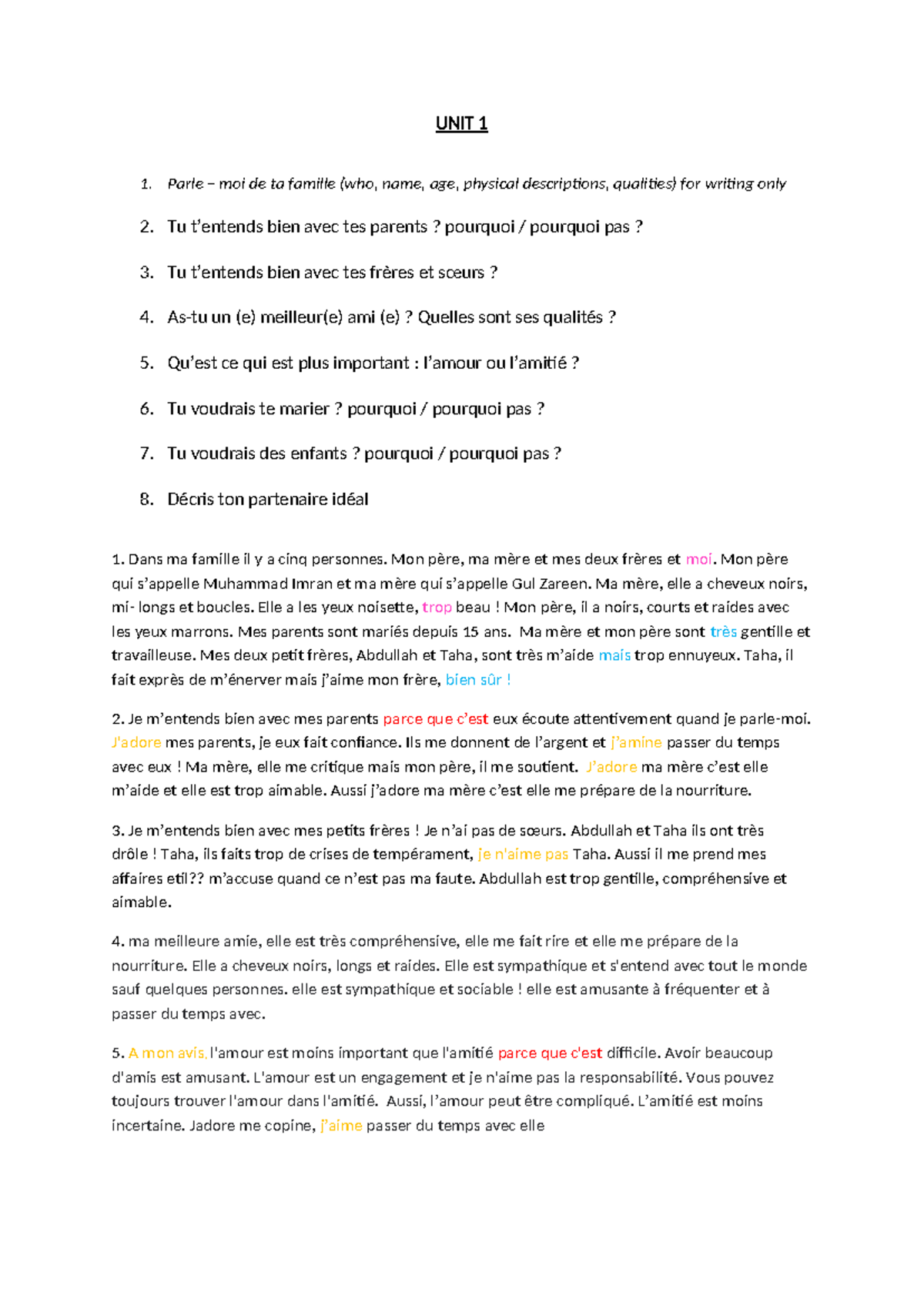 French for Friday: Family Descriptions and Relationships (Unit 1) - Studocu