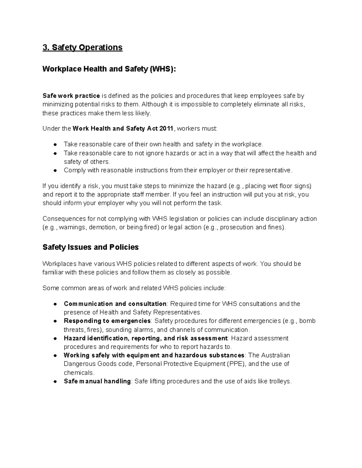 Retail Services Summarised Notes: WHS Safety Operations (Topic 3) - Studocu