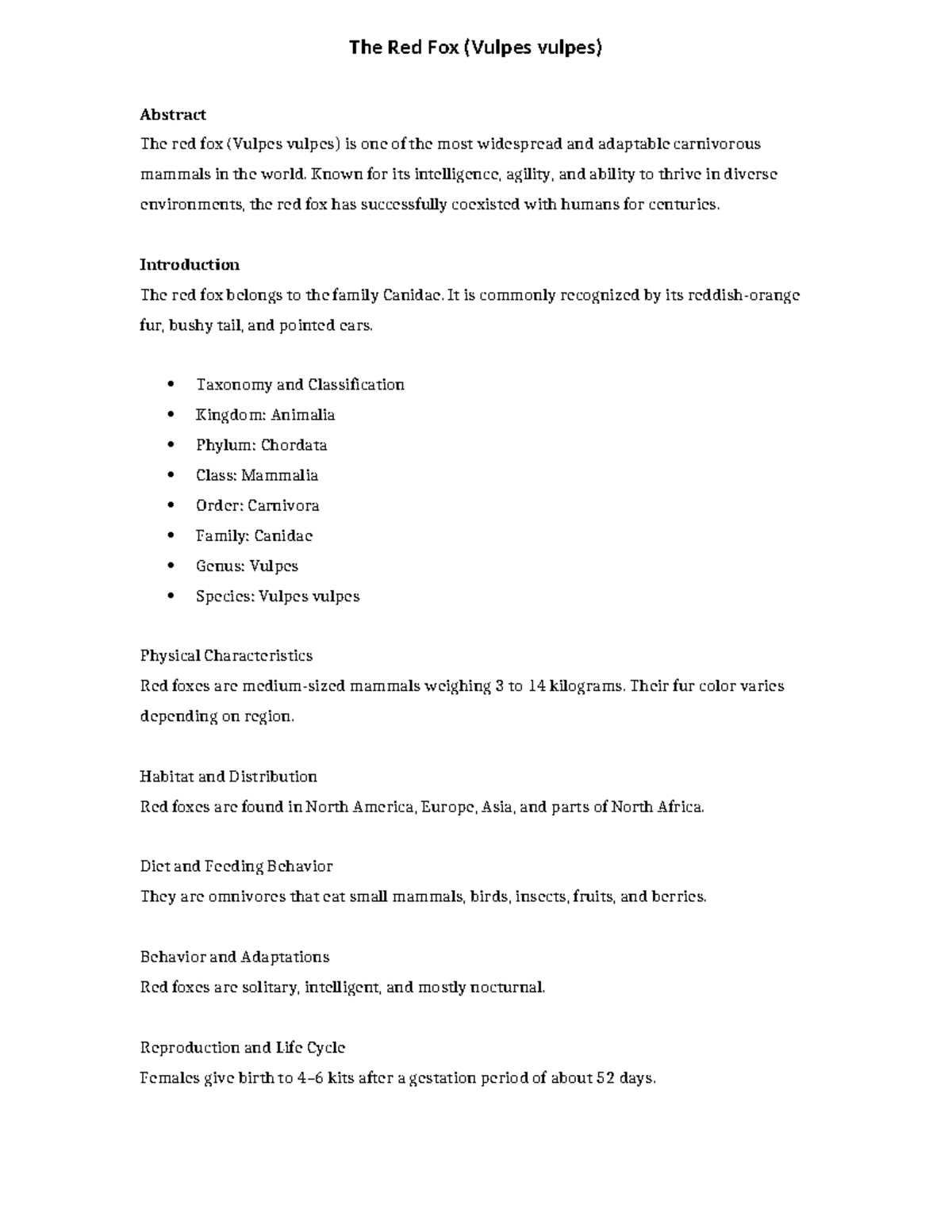 Red Fox (Vulpes vulpes) Research Overview and Insights - Studocu
