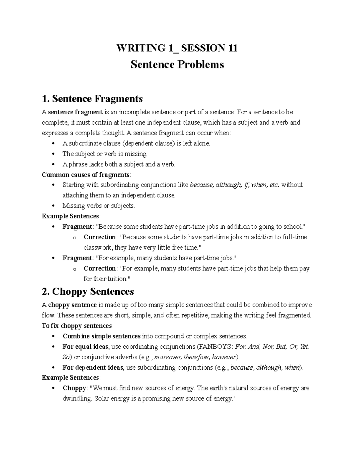 Handout 1 Sentence Problems - WRITING 1_ SESSION 11 Sentence Problems 1 ...