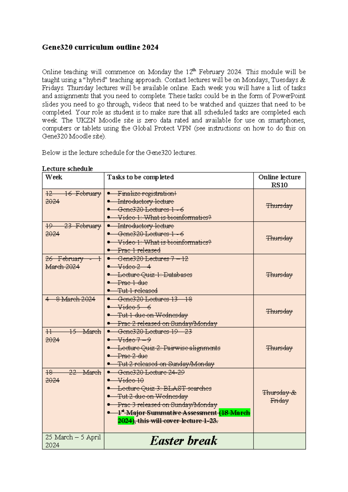 Gene320 Curriculum Outline & Schedule for 2024 Semester - Studocu