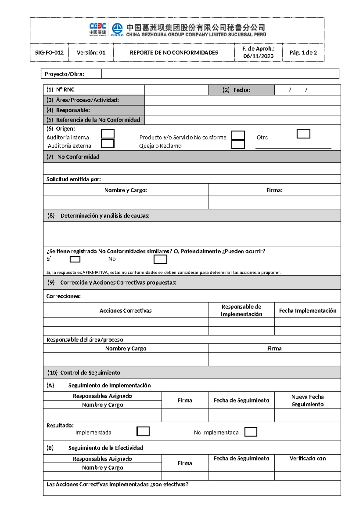 SIG-FO-012 Reporte de No Conformidad - Versión 01 - Studocu