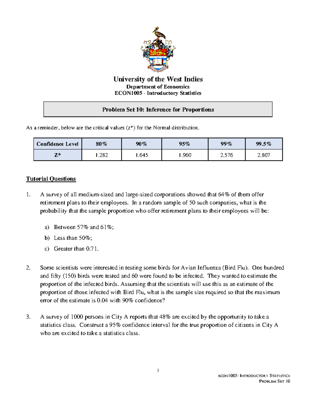 ECON1005: Problem Set 10 - Inference for Proportions Analysis - Studocu