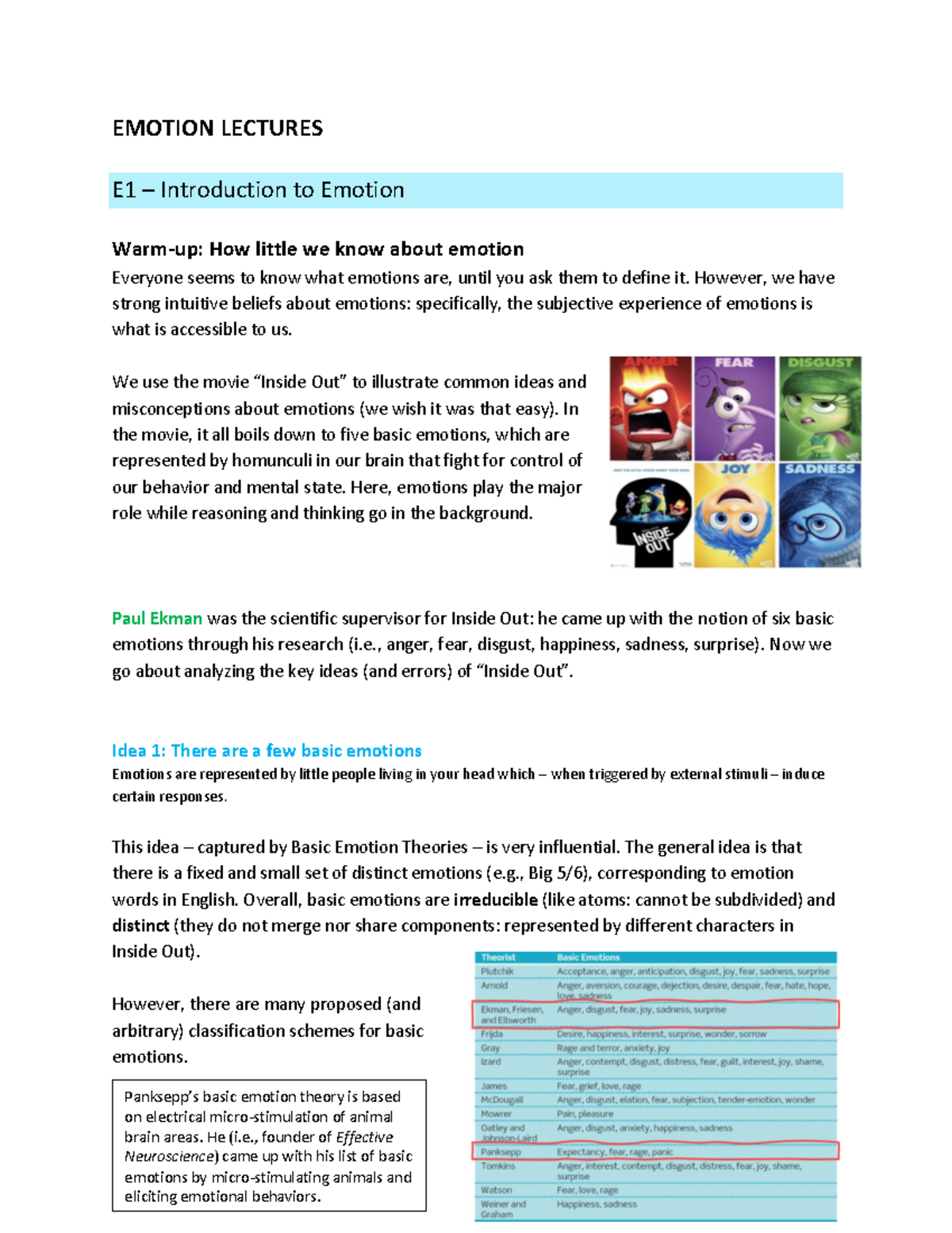 Emotion Lecture E1 - Summary of Key Concepts and Theories - Studeersnel
