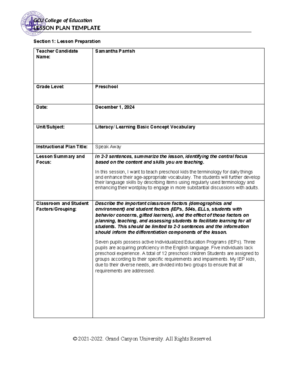 Benchmark Lesson Plan for Language Development in Preschool SP - Studocu