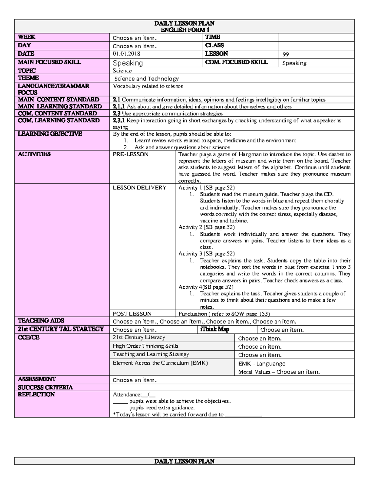 Unit 5: Science and Technology Lesson Plans for English Form 1 - Studocu