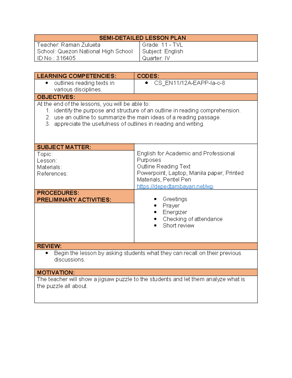 LP Outline Reading Text for English 11 - TVL Lesson Plan - Studocu