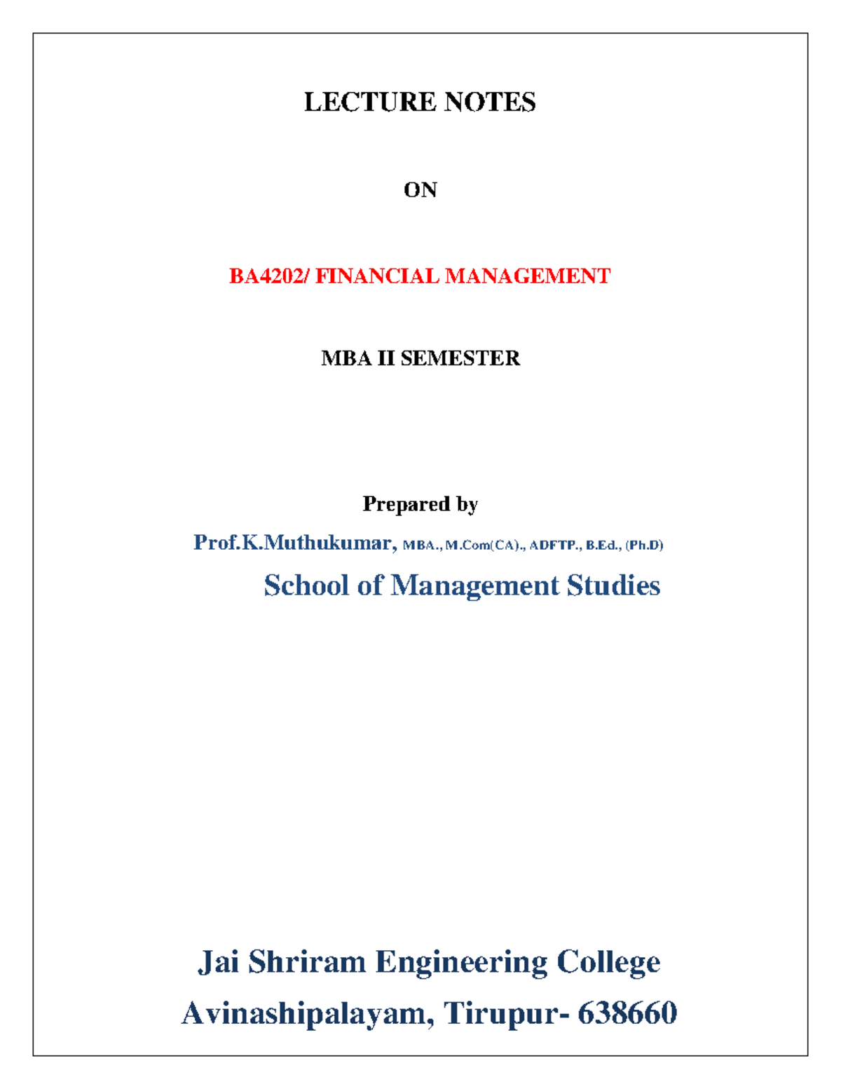 BA4202 Financial Management Lecture Notes - MBA II Semester - Studocu